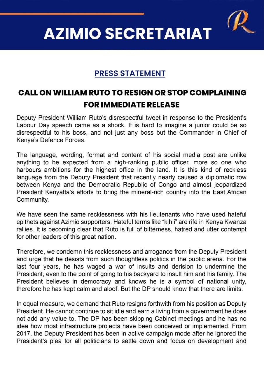 Azimio Secretariat, Jubilee Party Calls DP Ruto's Resignation Letter ...